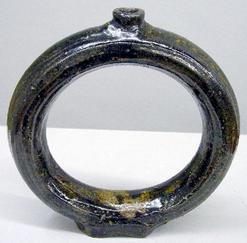Flask; Redware, Harvest Flask, Donut or Ring, Manganese Glaze, 10 inch.
