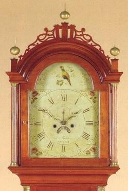 Tall Case Clock; Massachusetts, Hepplewhite, Mulliken (J), Cherry, Roxbury Hood, Fretwork, 92 inch.