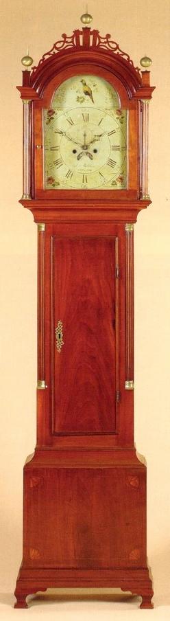 Tall Case Clock; Massachusetts, Hepplewhite, Mulliken (J), Cherry, Roxbury Hood, Fretwork, 92 inch.