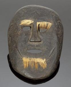 Mask; Eskimo, Carved Wood, Walrus Hair Beard, 10 inch.