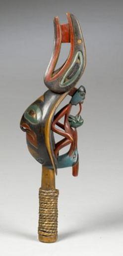 Ceremonial; Tlingit, Rattle, Raven Form, Cedar, 13 inch.