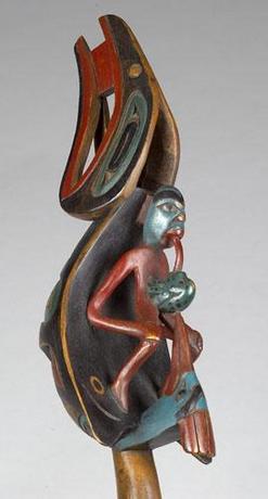 Ceremonial; Tlingit, Rattle, Raven Form, Cedar, 13 inch.