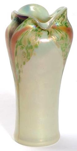Loetz Glass; Vase, Iridescent, Tri-Fold Rim, Crocus, 13 inch.