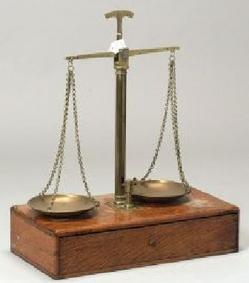 Scale; Balance Beam, Brass Pillar & Pans, Oak Base, Drawer, Weights, 21 ...