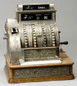 Cash Register; National, Model 442, Tape Receipt, Oak Drawer Base.
