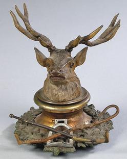 Inkwell; Victorian, Stag Head, Cast Bronze, Cold Painted, 6 inch.