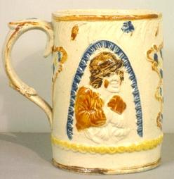 Prattware Pottery; Mug, Inside Frog, Man under Arch, 4 inch.