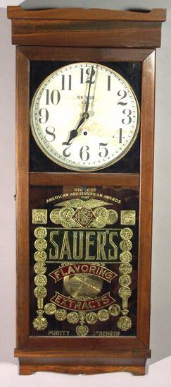 Advertising Clock; New Haven, Sauer's Extracts, Reverse Painted, 42 inch.