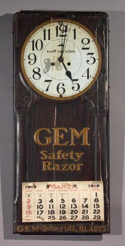 Advertising Clock; Gem Safety Razor, 8-Day Calendar, Wall, 39 inch.