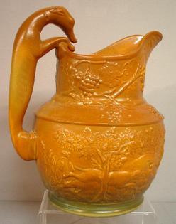 Faience; Vance Faience?, Pitcher, Hound Handle, Dogs/Stag/Boar, 10 inch.
