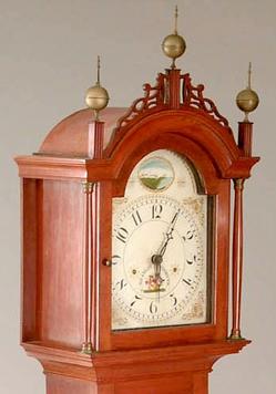 Tall Case Clock; Connecticut, Hoadley (Silas), Cherry, Fretwork, Brass Finials, 94 inch.