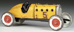 Toy Car; Hubley, Racer No 5, Yellow, Hinged Hood, Cast Iron, 9 inch.