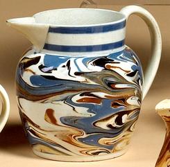 Mochaware; Marbling, Pitcher, Rust/Blue//Brown, 4 inch.