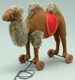 Pull Toy; Steiff, Camel, Mohair, Wood Wheels, Ear Button, 13 inch.