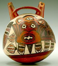 Pottery; Peruvian, Nazca, Bottle, Stylized Quadrupeds, 8 inch.