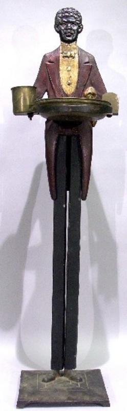 Smoking Stand; Black Butler with Tray, Cast Iron, Brass Tray, 34 inch.