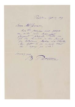 Autograph Letter Signed; Pasternak (Boris), 1959, Thanks for Gift.
