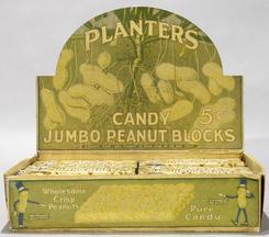 Box-Peanut; Planters, Candy Jumbo Peanut Blocks, Display, 5 Cent Bars.