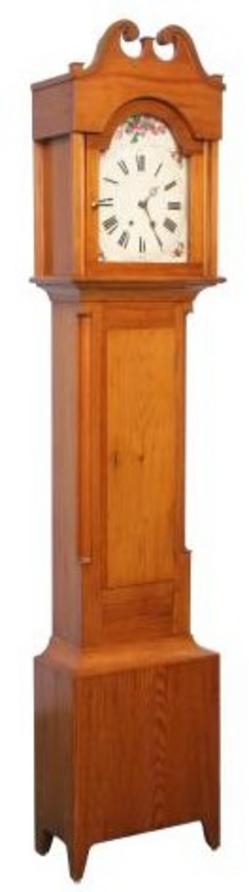 Tall Case Clock; American, Hepplewhite, Pine, Broken Arch, 91 inch.