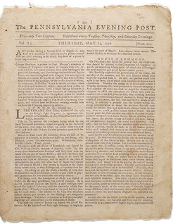 Newspaper; Philadelphia, 1776, The Pennsylvania Evening Post, War News ...