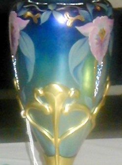 Fenton Glass; Favrene, Vase, Floral, Handpainted, Metal Stand.