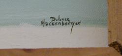 Hackenberger, Dolores; Oil on Canvas Painting, Folk Art, signed, Red Covered Bridge & Farmsteads.