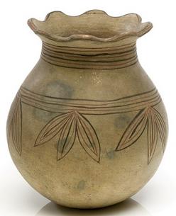 Pottery; Pima/Tohono O'odham, Vase, Scalloped Rim, Floral Design, 10 inch.