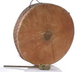 Drum; Cree, Hand, Painted Hide Heads, Beater, 23 inch.