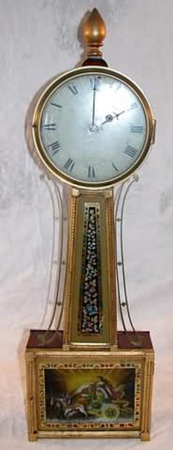 Banjo Clock; Willard (Aaron Jr), Mahogany, Reverse Painted Panels, 33 inch. Banjo Clock; Willard (Aaron Jr), Mahogany, Reverse Painted Panels, 33 inch.