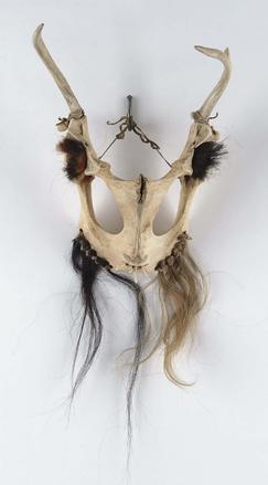 Mask; Apache, Pelvic Bone, Spike Antlers, Horse Hair Beard, 14 inch.