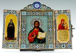 Icon; Russian, Ovchinnikov (Pavel), Silver & Enamel Triptych, 5 inch.