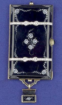 Compact; Art Deco, Enamel/Diamond, Oblong, Floral Motifs.