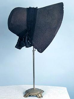 Bonnet; Straw, Leghorn, Mourning, Crepe Band, Silk Skirt, Black.