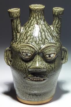 Meaders Pottery; AG, Face Jug, Ceramic Teeth, Green Glaze, 12 inch.