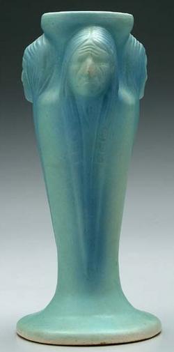 Van Briggle Pottery; Vase, Indian Heads, Green/Blue, 11 inch.