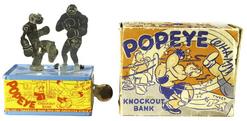 Tin Bank; Straits Mfg, Popeye Knockout, Mechanical, Original Box.