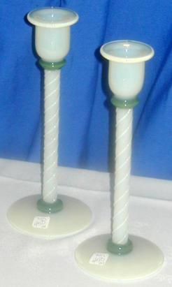 Candlestick (2); Fry Glass, Foval, Wafer, Jade Green, 10 inch.