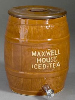 Dispenser; Maxwell House Iced Tea, Barrel Cooler, Stoneware, 11 inch.