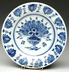 Delft Pottery; Dutch, Plate, Basket of Flowers, 9 inch.