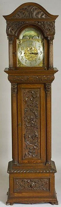 Tall Case Clock; English, Edwardian, Elliott, Oak, Carved Case, 96 inch.