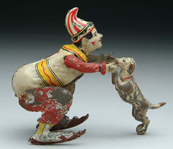 Wind Up Toy; Gunthermann, Clown & Dog, Lithographed Tin, 6 inch.