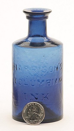 Ink Bottle; Harrison's Columbian Ink, Cylindrical, Cobalt, 5 inch.
