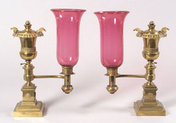 Argand Lamp (2); Gardiner (B), Gilded Brass, Double Arm, Cranberry ...