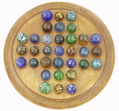 Marble Game; Solitaire, Wood Tray, Cross Pattern, 33 Mica Marbles.