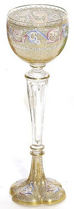 Moser Glass; Goblet, Gold Scrolling, Quadralobed, 9 inch.