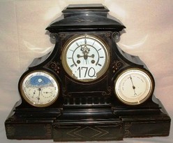 Shelf Clock; French, Triple Moon Phase, Aneroid Barometer, Marble, 22 inch.
