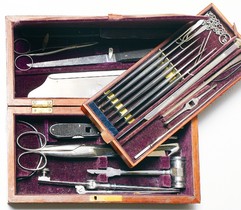 Medical; Mortician's Kit, 16 Instruments, Mahogany Case.