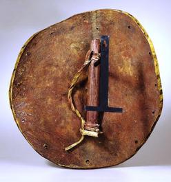 Shield; Pueblo, Buffalo Hide, Paint Decorated, Water Serpents, 14 inch.