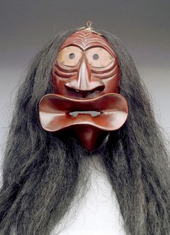 Mask; Iroquois, Carved & Painted Basswood, Horsehair Coiffure, 10 inch.