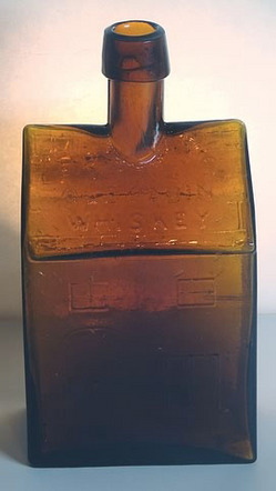Whiskey Bottle; EG Booz's Old Cabin, GVII-003?, Cabin Form, Amber, 8 inch.